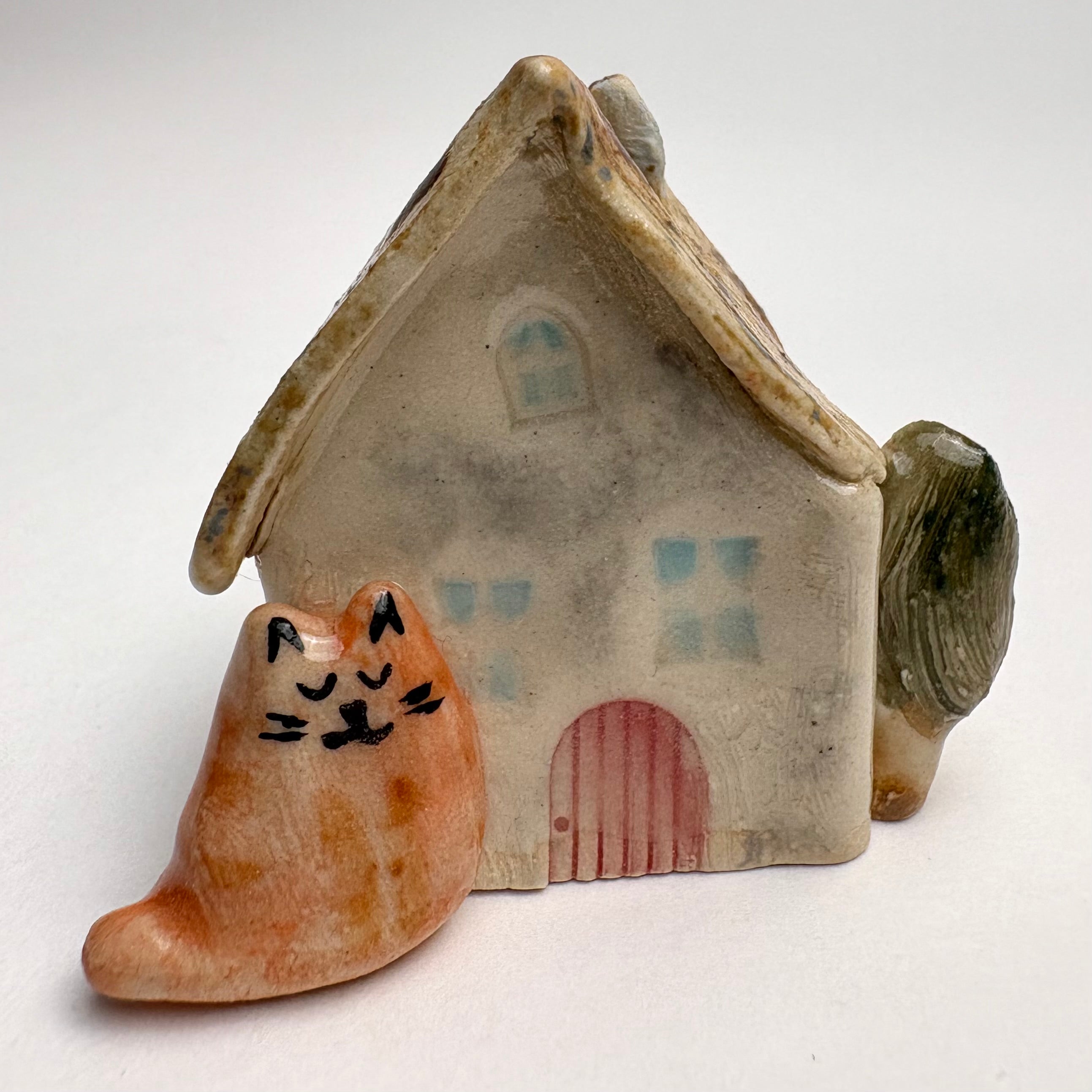 Mini Ceramic Red Cat Figurine with Cottage · Handmade Tiny House Sculp ...
